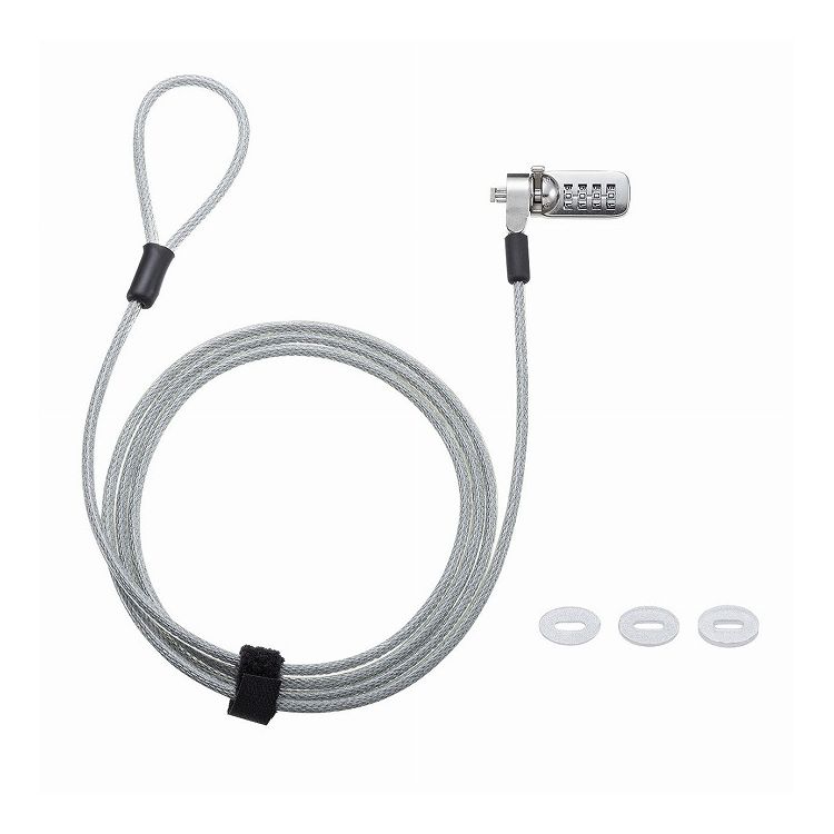 【商品特長】標準セキュリティスロットに簡単取付け、一体型、ダイヤル錠タイプ。首振り、回転機能付き。●標準スロット（3×7mm）に簡単取り付け、一体型、ダイヤルタイプです。●暗証番号は4桁で設定できます。（設定した番号にすれば何度でも変更可能...