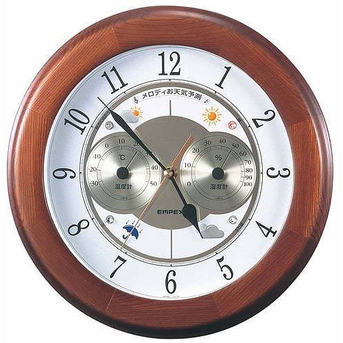 品番：BW-5078サイズ：(約)直径32.0x5.8cmカラー：ブラウン素材：(外枠材質)高級天然木枠電源：(電池)単3x4個重量：約1600g仕様：掛け式、(機能)時計・温度計・湿度計・天気予測・メロディ(曲目：晴れ ハイホー/快方にむ...