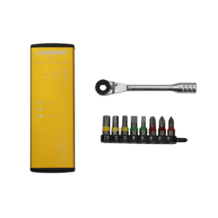 【商品詳細】●ミニラチェット全長(mm)：93/ヘッド幅(mm)：15/ヘッド厚み(mm)：10/ギア数：52●ビット全長(mm)：25●ケースサイズ(mm)：119×40×15●ケースカラー：イエロー●DIYや自転車の車載工具にも最適。●...