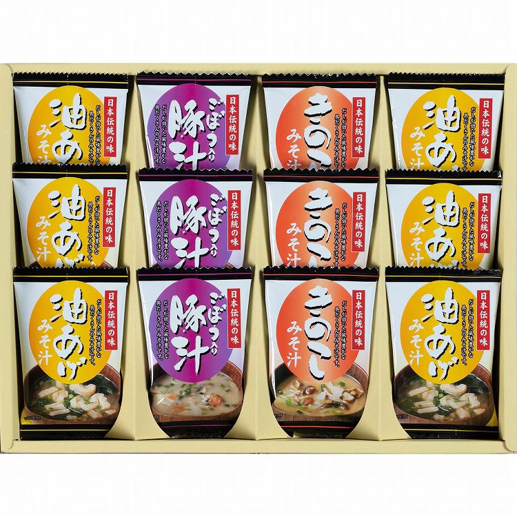 凍結乾燥の技術でお湯を注ぐだけでおいしさそのままのお味噌汁詰合せ。油揚げとわかめを使い、和風だしを効かせた定番の味噌汁(油揚げ)。3種のきのこを使い、米みそと豆みそをブレンドした風味豊かな味噌汁(きのこ)。豚肉と野菜の旨味にごぼうの食感がマ...