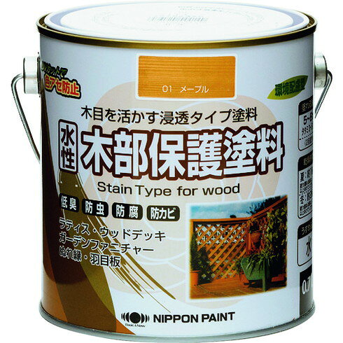 【商品スペック】特長●水性タイプなので、初めての方にも手軽に塗装できる木部保護塗料です。●木材の防虫・防腐・防かび効果に優れ、木材に浸透して木の腐蝕を防ぎます。●木目を生かした半透明仕上げができ、紫外線吸収剤（UVカット）により、色アセ・劣...