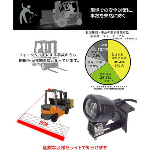 【商品スペック】特長●事故を未然に防ぐための警告灯です。●フォークリフトなどに取り付けできる進入禁止区域表示用LEDラインライトです。用途●フォークリフトなどへの取り付けに。仕様●幅(mm)：65●奥行(mm)：100●高さ(mm)：85●...