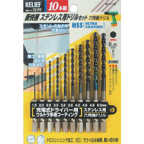 特長●クロスシンニング加工でクイ込みが抜群で、スムースに穴あけ作業ができます。用途●鉄工・ステンレス・木工・樹脂などの穴あけ作業に使用できます。仕様●セット内容(mm)：1.5・2・2.5・3・3.2・3.5・4・4.5・4.8・5●セット...