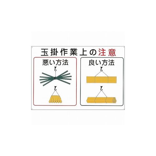 【商品スペック】■特長・玉掛作業上の注意点が図解された樹脂製の標識です。■用途・当該情報の明示に。■仕様・表示内容：玉掛作業上の注意・取付仕様：ビス止めまたはテープ止め(ビス、テープ別売)・縦(mm)：600・横(mm)：900・厚さ(mm...