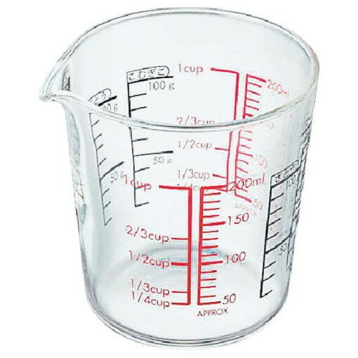 【商品スペック】特長●粉ものは黒、液体は赤の計量メモリのメジャーカップです。●中からも読めるメモリです。●粉ものは黒、液体は赤の計量メモリで読みやすいです。用途●電子レンジ用仕様●容量(ml)：200●目盛間隔(ml)：10●外径(mm)：...