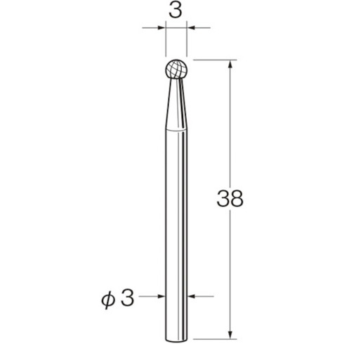 【商品スペック】特長●使いやすい形状で、耐久性と切れ味に優れています。用途●金属・非金属の研削・バリ取りなどに。仕様●刃径(mm)：3●軸径(mm)：3●タイプ：ロー付●最高使用回転数(rpm)：40000●全長(mm)：38仕様2●クロス...