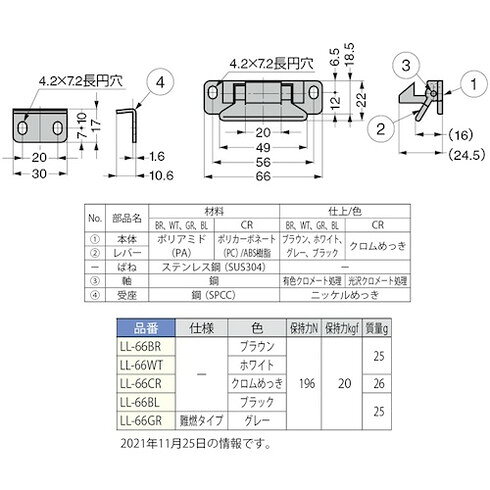 【商品スペック】特長●かぶせ仕様で、キャビネット地板の下側まで伸びがある扉に使用します。●地震などの揺れでも扉が開きにくい構造です。●取付位置を調節できます（本体：上下±1.5mm、受座：前後±1.5mm）●グレー色は難燃タイプです。●（U...