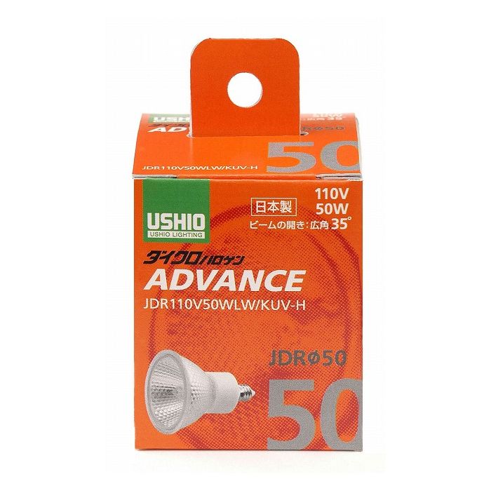 【商品詳細】定格：・電圧110V・消費電力 50W・寿命：約3,000時間本体サイズ：・全長：62mm・バルブ径：50mm・口金：E11入数：1個ビーム角：広角35°UVカット全光束：730lm最大光度：1500cdダイクロハロゲンJDRφ...