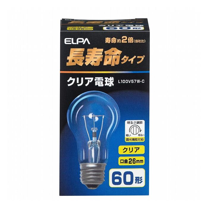 【商品詳細】定格電圧：100V定格消費電力：57W定格寿命：約2,000時間全光束：770lm本体サイズ：全長98×バルブ径55(mm)口金：E26カラー：クリア寿命約2倍(当社比)玄関、洗面所やトイレに最適調光機能対応キラキラした輝きの強...