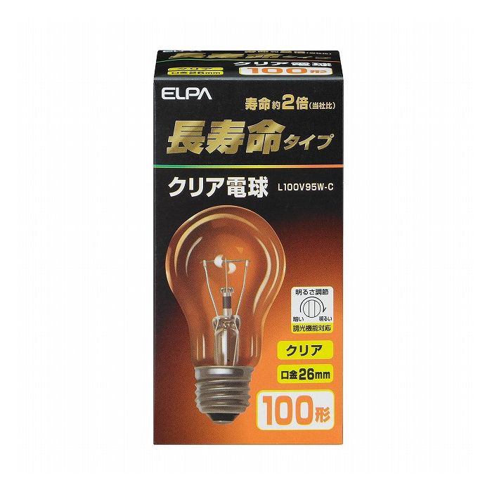 【商品詳細】定格電圧：100V定格消費電力：95W定格寿命：約2,000時間全光束：1,440lm本体サイズ：全長110×バルブ径60(mm)口金：E26カラー：クリア寿命約2倍(当社比)玄関、洗面所やトイレに最適調光機能対応キラキラした輝...