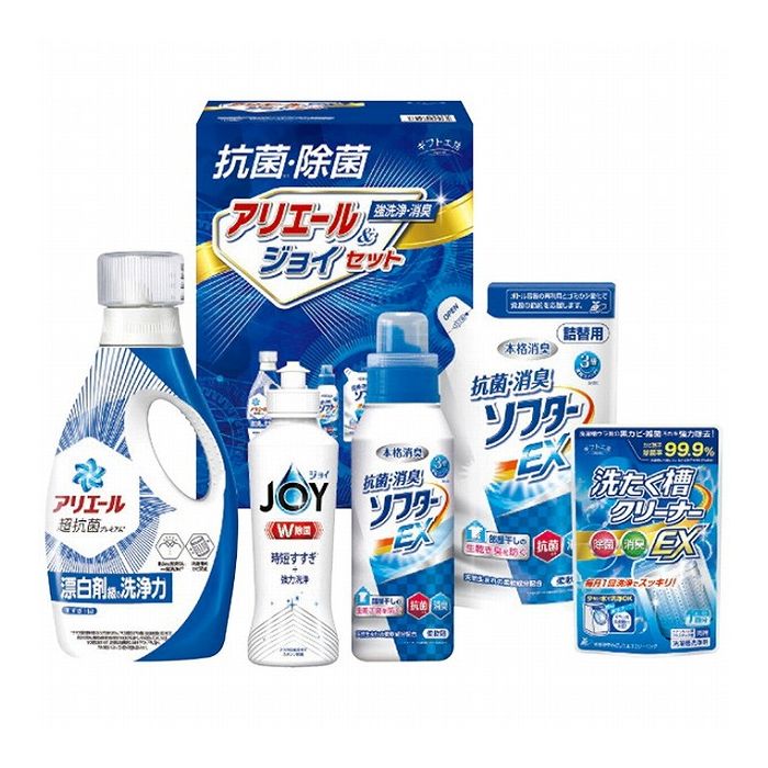 【商品詳細】力に優れたアリエールに本格消臭の・消臭柔軟剤とW除菌の食器洗い洗剤ジョイをセットしました。現品サイズ・内容:720gアリエールジェル・350g消臭ソフターEX・170ml除菌ジョイ各1本・350g消臭ソフターEX(詰替用)・10...