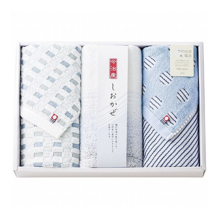 【商品詳細】高度な紡績技術で作った光沢感のあるコットン（フルフィーコットン）です。ふんわりソフトな風合いと優れた吸水性が特徴です。現品サイズ・内容:34×75cmフェイスタオル2枚・34×35cmウォッシュタオル1枚・綿100％・［日本製］...