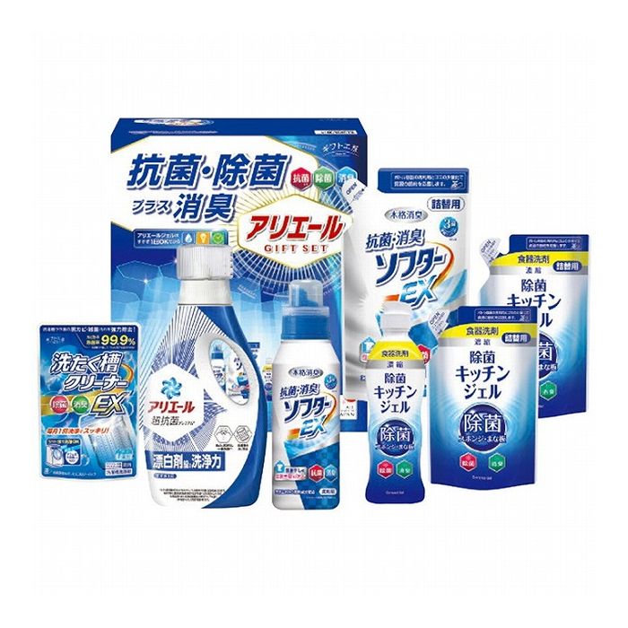 【商品詳細】洗剤アリエールと、少量でたくさん洗える濃縮タイプの食器洗剤除菌ジェル、室内干しのイヤなニオイを防ぎ、ふっくら柔らかく仕上がる・消臭ソフターのギフトです。現品サイズ・内容:720gアリエールジェル・200ml除菌キッチンジェル・3...