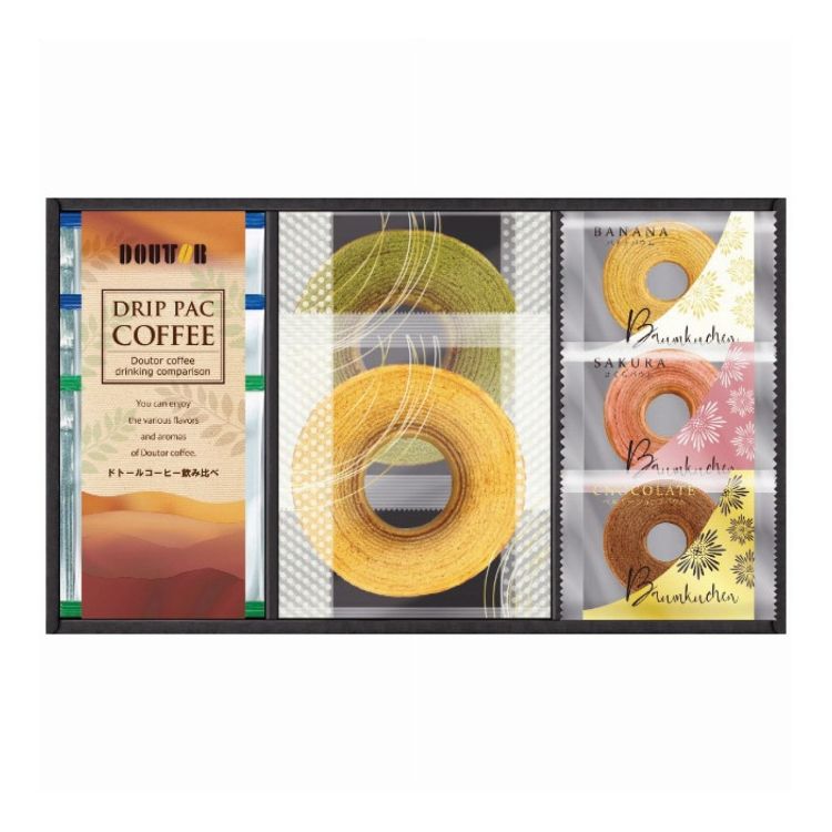 【商品詳細】大人気のドトールコーヒーとバウムクーヘンなどの洋菓子をセットにしました。ドトールは深煎りブレンドとキリマンジャロブレンドの2種類を楽しめます。美味しい珈琲で優雅なカフェタイムをお楽しみください。原材料:《ミルクバウムクーヘン》鶏...