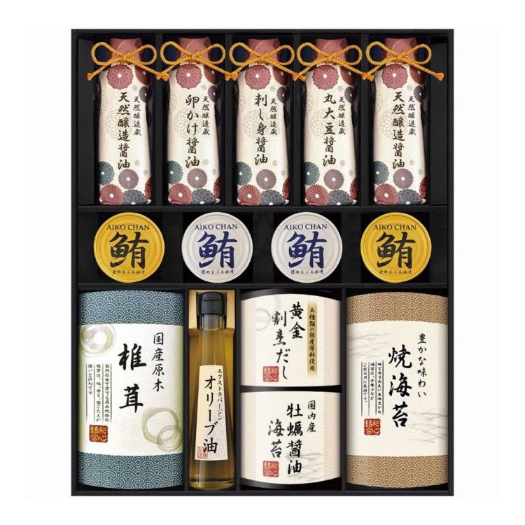 【商品詳細】昔ながらの天然蔵でじっくりと熟成し作られたお醤油と、味付け海苔などをセットにした日本の心が感じられるギフトセットです。原材料:天然醸造醤油：脱脂加工大豆（インド製造又はアメリカ製造）、小麦、食塩、大豆/アルコール卵かけ醤油：しょ...