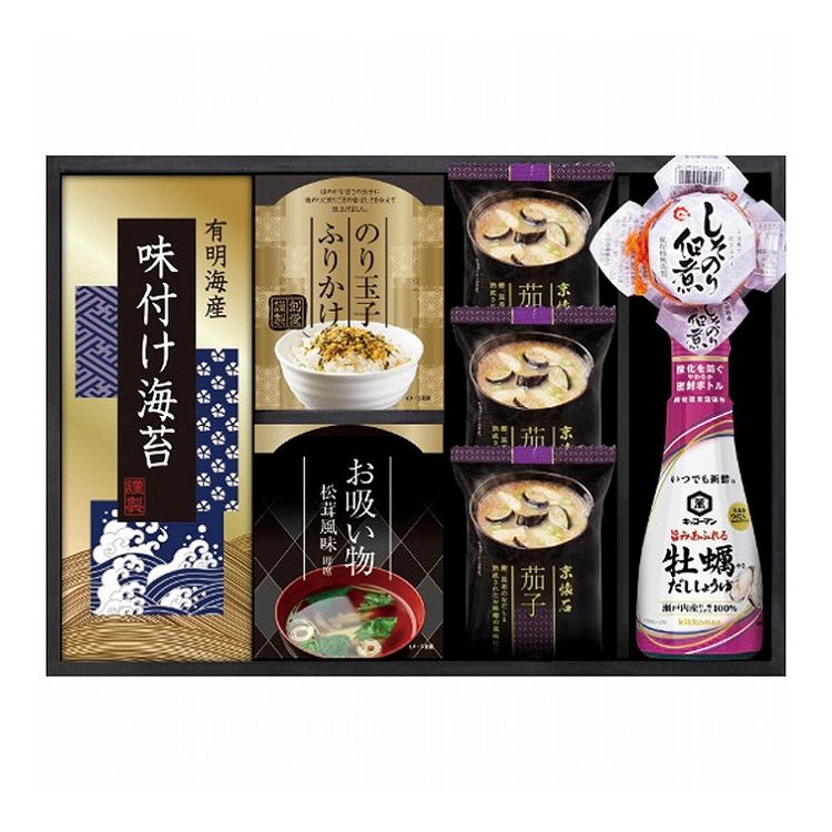 【商品詳細】使いやすい卓上サイズのキッコーマン牡蠣だししょうゆとご飯のお供の詰合せです。原材料:◎有明海産味付海苔：幹のり（有明海産）、砂糖、みりん、しょう油（小麦・大豆を含む）、食塩、唐辛子、煮干、昆布/調味料（アミノ酸等）、ソルビット◎...