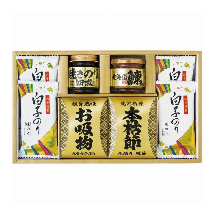 【商品説明】海苔及び海苔加工品のシェアは全国有数であるトップブランド白子のりの海苔、長い時間をかけて風味豊かに造り上げた鹿児島県枕崎産の鰹本枯節、国産海苔原料を使用した小豆島製造の塩昆布など、香り良く、料理の味をより引き立てる選りすぐりの逸...