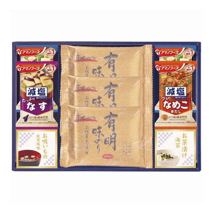 【商品説明】3種のアマノフーズ減塩タイプのおみそ汁と白子のり・永谷園松茸風味のお吸いものが入った詰合せギフトです。原材料表記●白子のり有明味のり：乾のり(有明海産)、調味液(しょうゆ、砂糖、水あめ、食塩、かつお節エキス、えびエキス、酵母エキ...