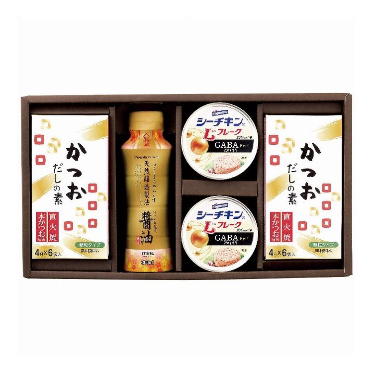 【商品説明】厳選した食卓の必需品を心を込めてお届け。原材料表記　○だしの素：食塩（国内製造、韓国製造）、砂糖類（グラニュー糖、乳糖）、風味原料（かつおぶし粉末、かつおエキス）/調味料（アミノ酸等）　○シーチキン：きはだまぐろ（輸入又は国産（...