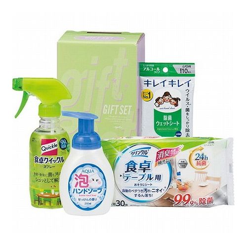 NEW清潔習慣クリーンセット特長NEW清潔習慣クリーンセットです。仕様メーカー品番:SES-15Aセット内容:花王食卓クイックルスプレー(300ml)・アクア泡ハンドソープ(中国)(250ml)・クリンクル食卓テーブル用シート(30枚入)・...