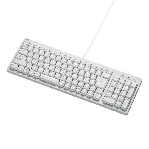 幅400以下のコンパクトサイズでありながら、テンキー付のフルキーボードキーピッチはスタンダードキーボードと同じ19mmキーピッチ文字の耐久性に優れたレーザー印刷を採用しています。邪魔な時はキーボードを立てる事も可能キートップは標準的な深い押...