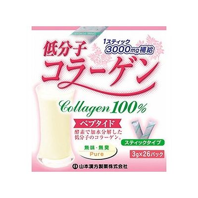 商品概要メーカー：山本漢方製薬商品名：【軽】低分子コラーゲン100％（3g×26包入）区分：食品内容量：3g×26包商品概要：●酵素で加水分解し、からだに吸収しやすいコラーゲンに仕上げました。●100％ピュアコラーゲンですので、豆乳、ヨーグ...