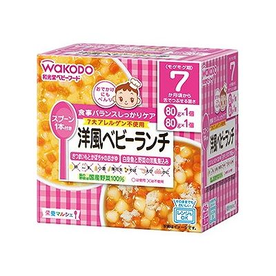 商品概要メーカー：アサヒグループ食品（和光堂）商品名：【軽】栄養マルシェ洋風ベビーランチ（80g×2個）区分：食品内容量：80g×2個商品概要：「さつまいもとかぼちゃのおかゆ」と「白身魚と野菜の洋風煮込み」の詰め合わせです。7大アレルゲン不...
