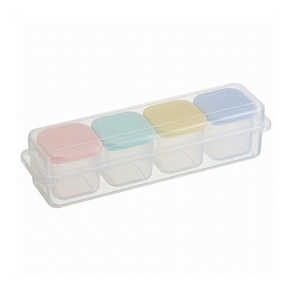 【商品詳細】弁当のおかずや離乳食をちょこっと保存。作りおき + 小分け保存に便利な小さめの容器4個とケースのセットです。冷凍冷蔵保存OK！フタを外して電子レンジ加熱も可能です。容器の横にはひと目で量がわかる目盛り付き。容器・ケースごとに重ね...