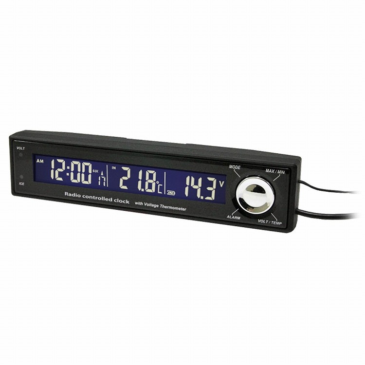 【商品説明】●温度計・電圧計機能付きの電波時計。【商品詳細】●2mのロングケーブルで自由な取り回し。●アイドリングストップ車対応・12/24V車対応。●電波自動受信。●IS車対応。●12-24V車対応。●本体サイズ(約):W150×H34×...
