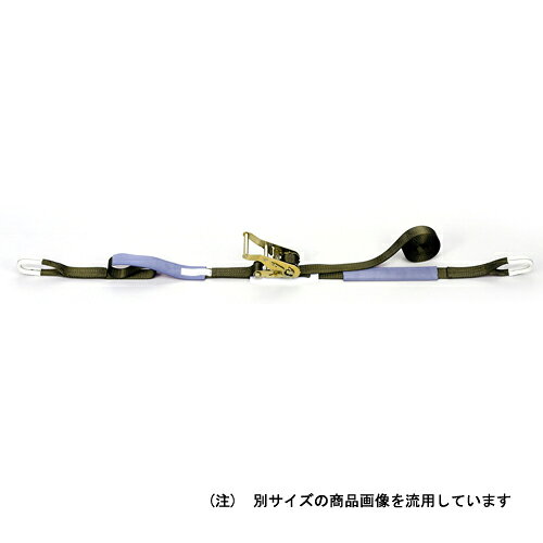 【用途】荷物の固定に。【機能・特徴】ラチェット式で強く確実に荷締めが出来る。耐久性に優れたポリエステルベルト使用。端末はしぼり縫製で軽く荷物をキズつけない。プロテクター1枚・スリーブ2枚付き。【仕様】●ベルト幅：50mm。●ベルト長：巻取5...