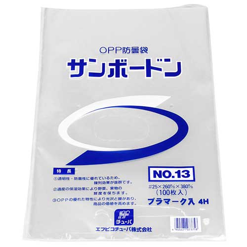 【用途】プラマーク付き化粧箱入り袋・フィルム。【機能・特徴】透明性が高く、防曇加工を施したことにより袋の中の水分が水滴にならず、鮮度の保持性が高く内容物を守ります。【仕様】●外寸：260×380mm。●厚み：25。●穴：4H。●製品一枚重量...
