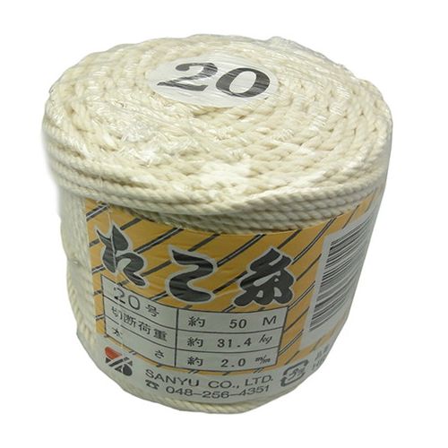 【用途】調理用・工芸・手芸用。【機能・特徴】天然素材で環境にやさしい紐です。大工仕事の垂直や直線のアタリ糸、竿等のグリップに巻き付けスベリ止めにも使用できます。【仕様】●サイズ：20号(約50m)。●切断荷重：約31.4kg。●太さ：約2....
