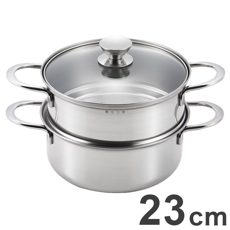 IH・ガス火対応の二段蒸し器。下段は両手鍋としても調理可能です。ステンレス製でお手入れ簡単中の様子が確認できるガラス蓋■商品サイズ(約)幅25×奥行35×高さ19cm、鍋：(約)径23.5×高さ8cm、セイロ：(約)径23×深さ7.5cm■...