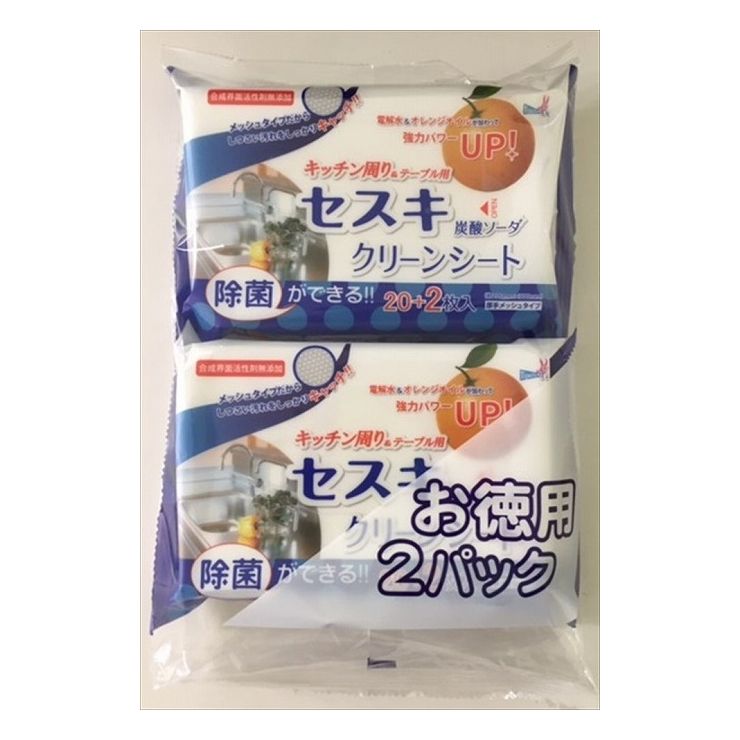 メッシュタイプの大判厚手の不織布を使用。セスキ炭酸ソーダは、重曹の水溶液に比べてアルカリ性が強く、油汚れのような酸性の汚れに効果を発揮します。エタノールを配合でべたつきが無く、拭取り後もスッキリと除菌ができます。天然オレンジ抽出成分のオレン...