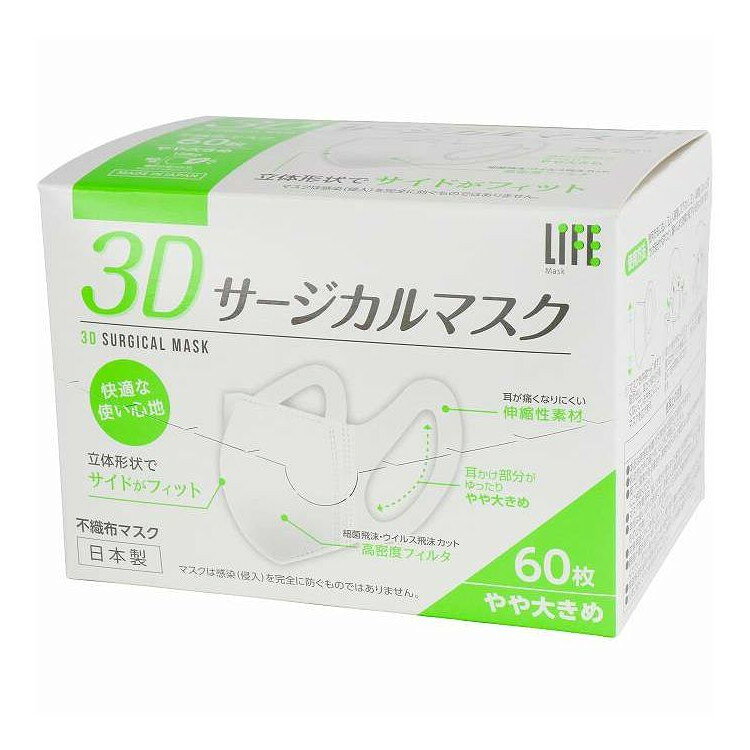【商品説明】医療現場での感染予防に。立体形状で顔にピッタリフィット。耳部分は伸縮性素材で耳が痛くなりにくい。高密度フィルター採用で、花粉ウィルス等の侵入を防ぐ。PM2.5対応。フィルター捕集効果99％（カケンテストセンター）。1枚あたりがお...