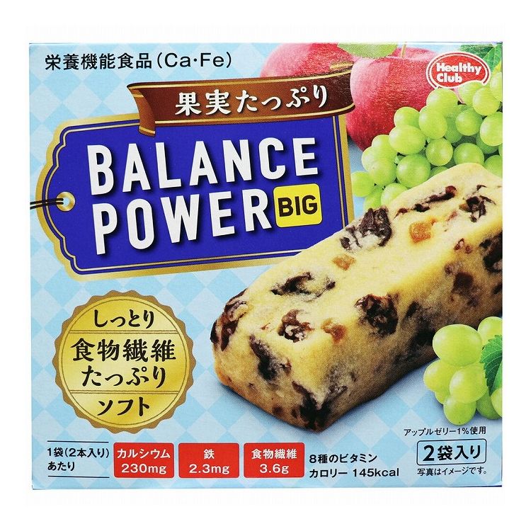 人気のバランスパワーシリーズの厚焼きタイプの商品です。カリフォルニア産レーズンをたっぷり使用した果実感のあるしっとりソフト食感のクッキーです。●1袋(2本)あたりカルシウム230mg＆鉄2.3mg＆食物繊維3.6g配合。●カルシウムは、骨や...