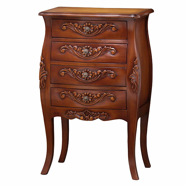 天板はレザー調の特殊な仕上げになっておりますので、高級感があります。 手彫り仕上げ、引出内部の底はフェルト貼りなど、細部にまで工夫を凝らしております。玄関やリビング、寝室でもお使いください。【商品説明】■商品サイズ：W55×D35×H86c...