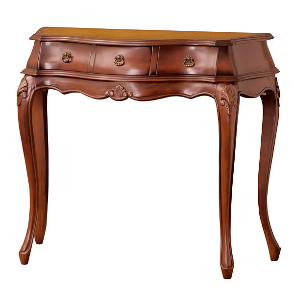 天板はレザー調の特殊な仕上げになっておりますので、高級感があります。 ネコ脚、手彫り仕上げ、引出内部の底はフェルト貼りなど、細部にまで工夫を凝らしております。玄関やリビングでもお使いください。【商品説明】■商品サイズ：W90×D41×H77...