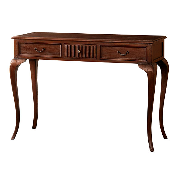 天板はレザー調の特殊な仕上げになっておりますので、高級感があります。 ネコ脚、手彫り仕上げ、引出内部の底はフェルト貼りなど、細部にまで工夫を凝らしております。玄関やリビングでもお使いください。【商品説明】■商品サイズ：W106.5×D41×...