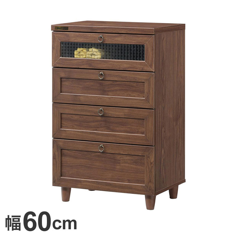 ■商品サイズ幅60×奥行40×高さ90cm■素材プリント化粧合板■重量32.5kg■生産国ベトナム■特徴・ウォールナット風の木目調シートを使用。・脚部には天然木を使用。・擦りガラス調のフィルムガラスを使用。飛散防止仕様。・引出しはレール付き...