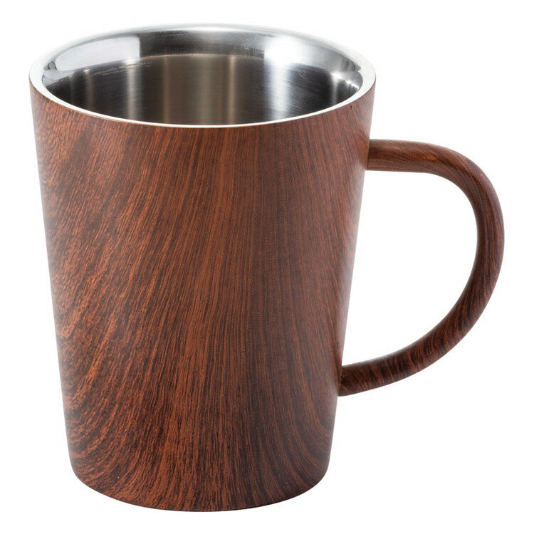 側面の木目調デザインが特徴的なマグカップです。家庭用食洗機使用可。ステンレス径8.5×10.4cm（360ml）【代引きについて】こちらの商品は、代引きでの出荷は受け付けておりません。【送料について】北海道、沖縄、離島は送料を頂きます。