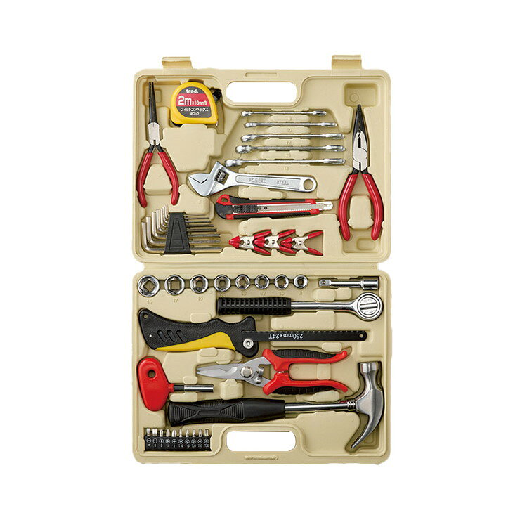 45PCSの厳選工具をセットアップ。備えて安心、使って便利なツールセット。持ち運びに便利な収納ケース付き。ラチェットハンドル（差込角:9.5mm）、エクステンションバー（差込角:9.5mm）:75mm、ソケット（差込角:9.5mm）:8/1...