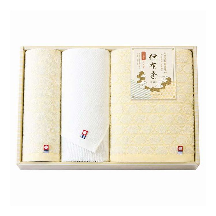 すっきりとした純白と、やさしいたまご色のやわらかい色合い。伊予の穏やかな地で百三十年の伝統が織りなす季節を紡ぐ、「かごめ紋様」と「あぜ織布」の日本の伝統的な模様をあしらったやさしい色合いの今治タオルです。日本製今治マーク（第2025-696...