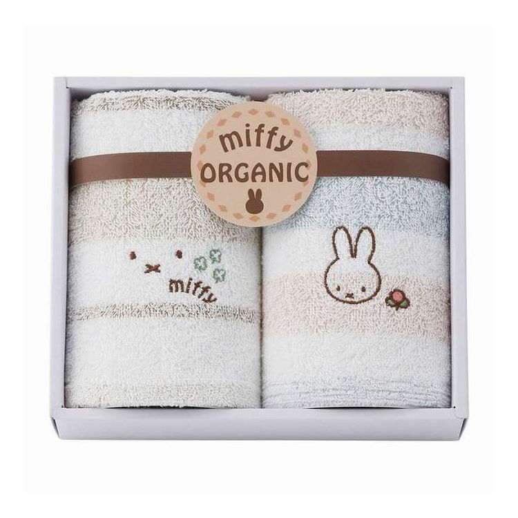 シンプルなボーダーにミッフィーの刺繍がアクセント。オーガニックコットンをパイルに使用したタオルギフトです。日本製【セット内容】-サイズ：34×35cm重量/容量：0.3kg箱サイズ：20×23×6cm材質：パイル糸:綿100%（オーガニック...
