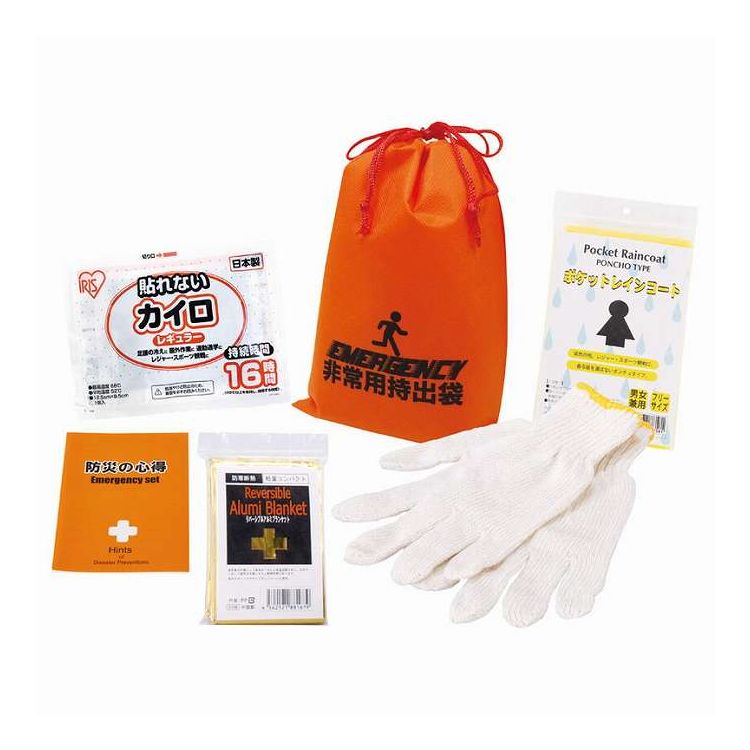 災害時に必要な最小限の内容を携帯できるコンパクトな防災セット。【セット内容】収納巾着袋（22×16.5cm）・リバーシブルアルミブランケット・レインコート・カイロ・防災の心得・軍手×各1サイズ：-重量/容量：0.1kg箱サイズ：23.5×1...