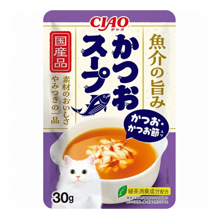 【商品説明】・かつおの旨みたっぷりのスープに、猫ちゃんの大好きなかつおフレークとかつお節をトッピングしました。グルメな猫ちゃんも大満足のおいしさです。・1袋30g入りの使い切りサイズだから、いつでも開けたて新鮮のおいしさ。・いつものごはんに...