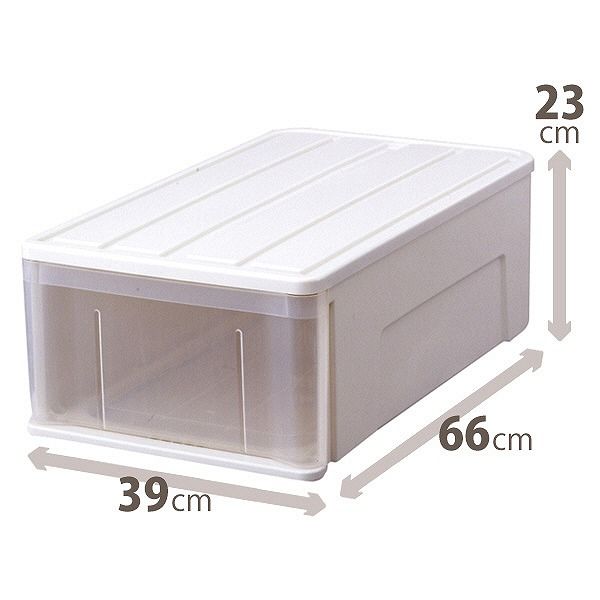 プラスチック製の引き出し式収納ケース。押入れ用。押入れにすっきり収まる奥行き66cm。押入れ半間に2個並べて使えます。出し入れに便利な引き出し式。収納可能目安:トレーナーなら約10枚、セーターなら約8枚サイズ（約）:幅39×奥行66×高さ2...