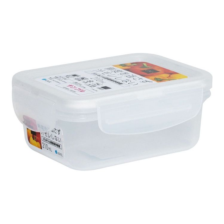 調理や保存に便利な、パッキン付き密閉保存容器。容量210mlの角型タイプ。少量の副菜や残り物などのちょっとした保存に便利なサイズ。4点ロックとパッキンでしっかり密閉。パチッとロックして鮮度を逃がさず汁モレを防ぐ。※完全密封容器ではない。フタ...