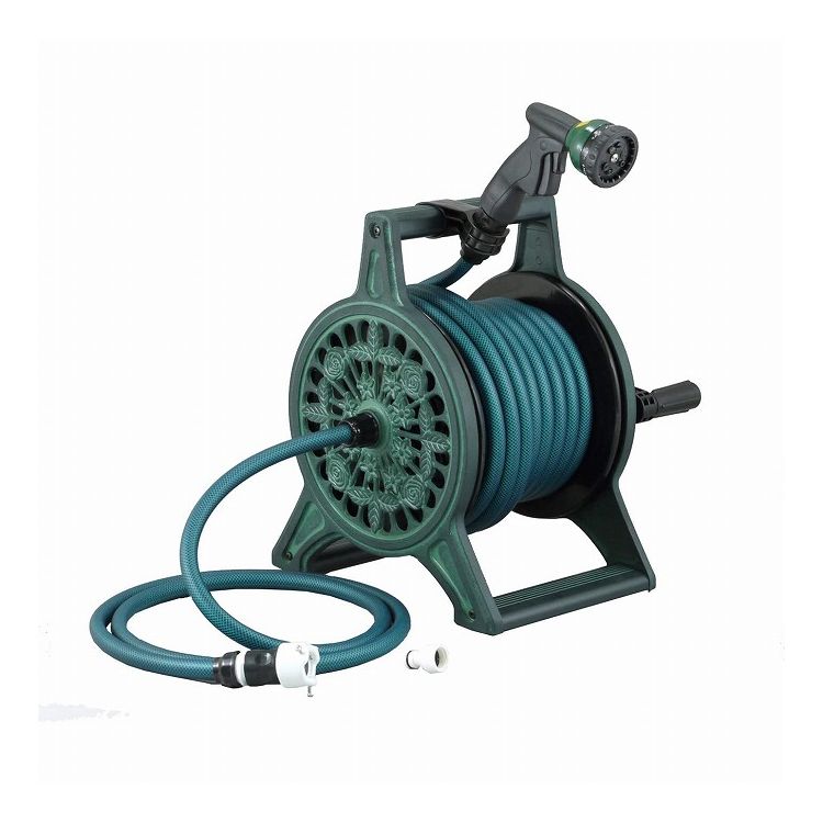 ガーデニングシーンに似合う、お洒落な散水用ホースリール。フレームはアルミ合金製で、錆びにくく、長期間の耐久性がある。中黒構造により紫外線をカットし、ホースの中に藻を発生させないことで目詰まりを防止。摩擦抵抗処理により、べたつかない。9通りの...