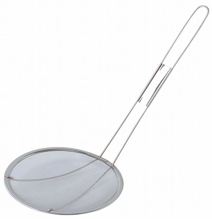 【商品詳細】呼び寸法：12cm重さ：32g全長：約285mmカス揚げ部直径：約120mm細目柄長：約200mmステンレススチール【送料について】北海道、沖縄、離島は送料を頂きます。